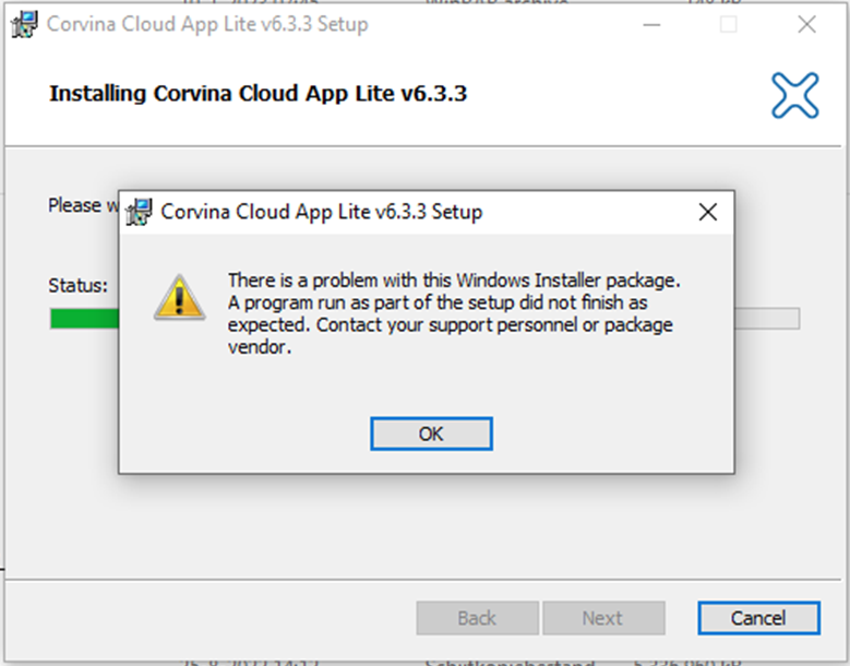 Corvina Cloud APP Lite installation fails Corvina Cloud APP Lite installation fails